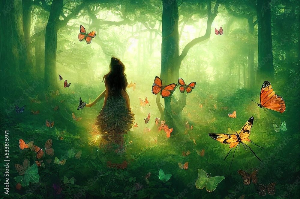 Fantasy world. Magic forest with beautiful butterflies and sunlit way ...