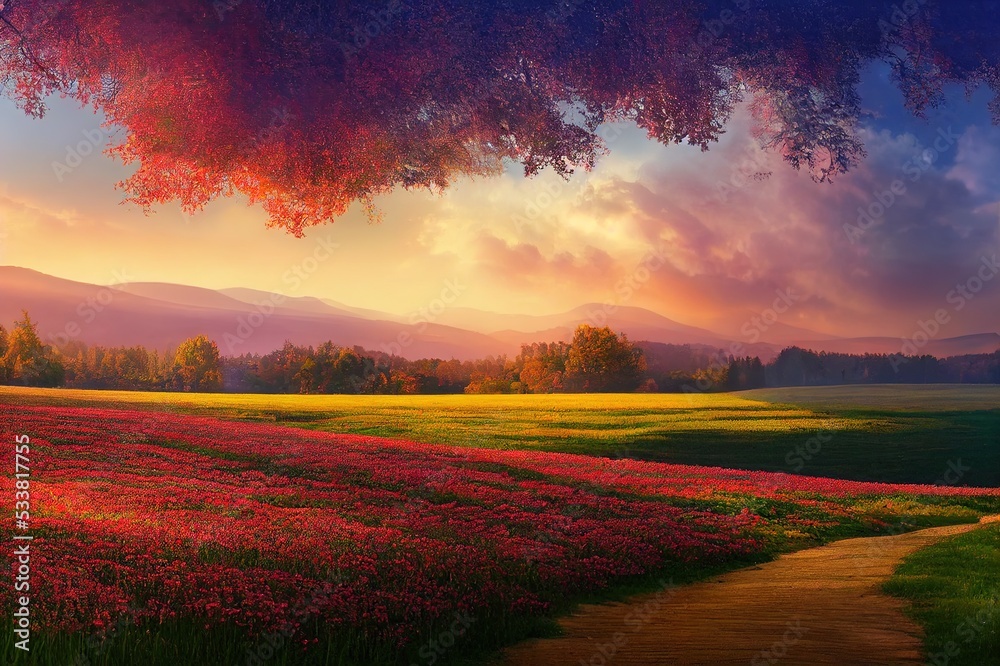 Fantasy summer panoramic photo background with rose field park and ...
