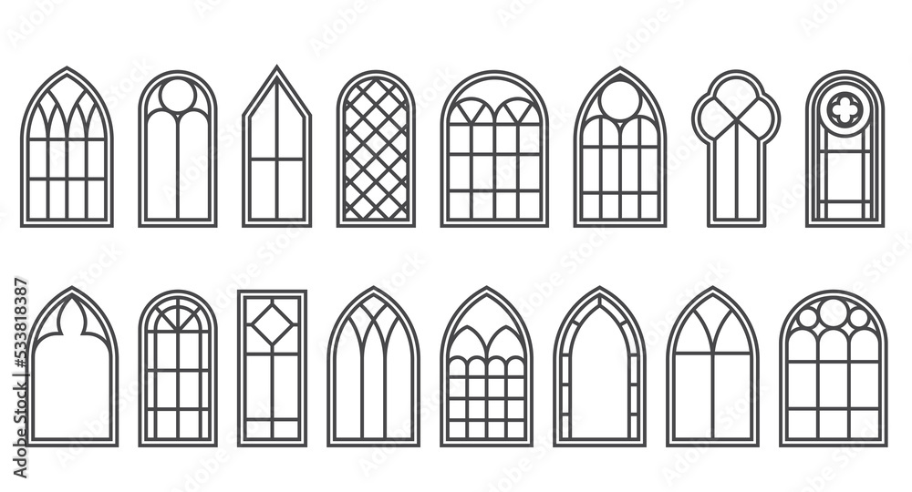 Gothic windows outline set. Silhouette of vintage stained glass church ...
