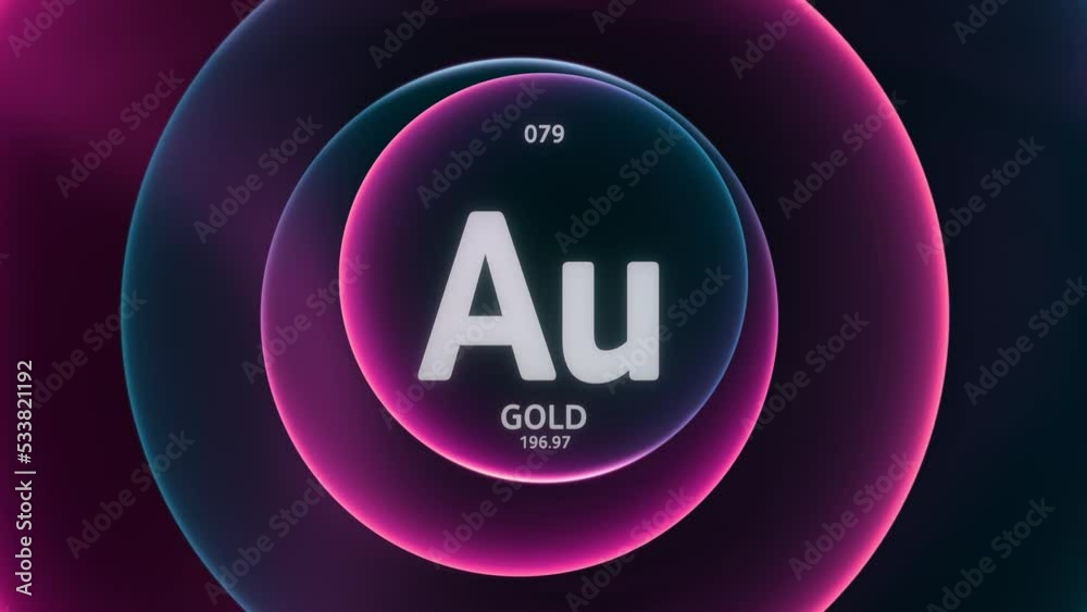 Gold as Element 79 of the Periodic Table. Concept animation on abstract ...