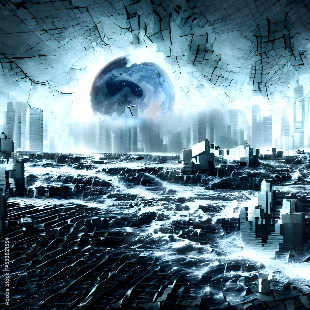 The doomsday scene of earth. Eerie night scene of the aftermath of an ...