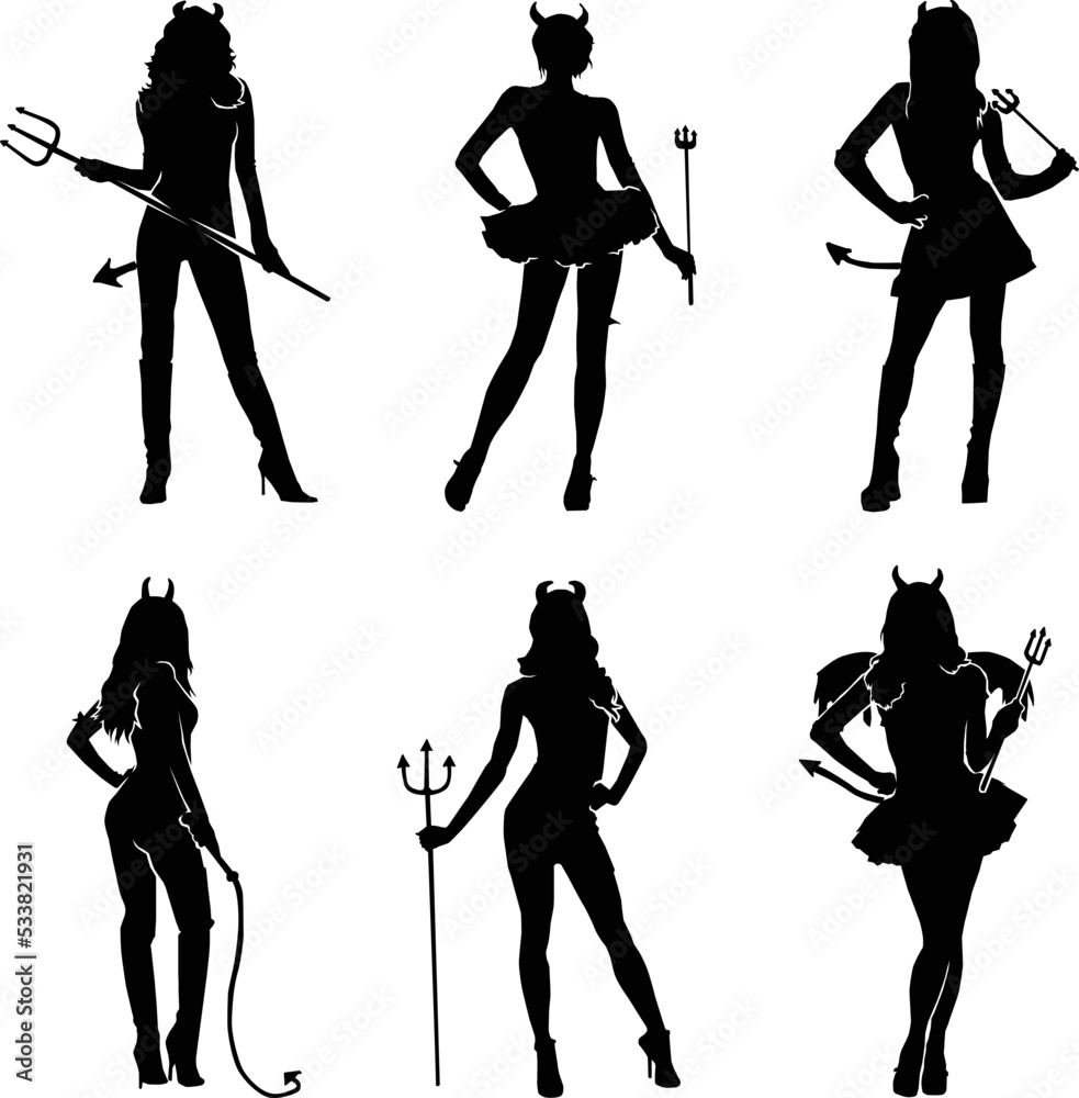 Set of silhouette of a young slim woman with devil tail and horns on ...