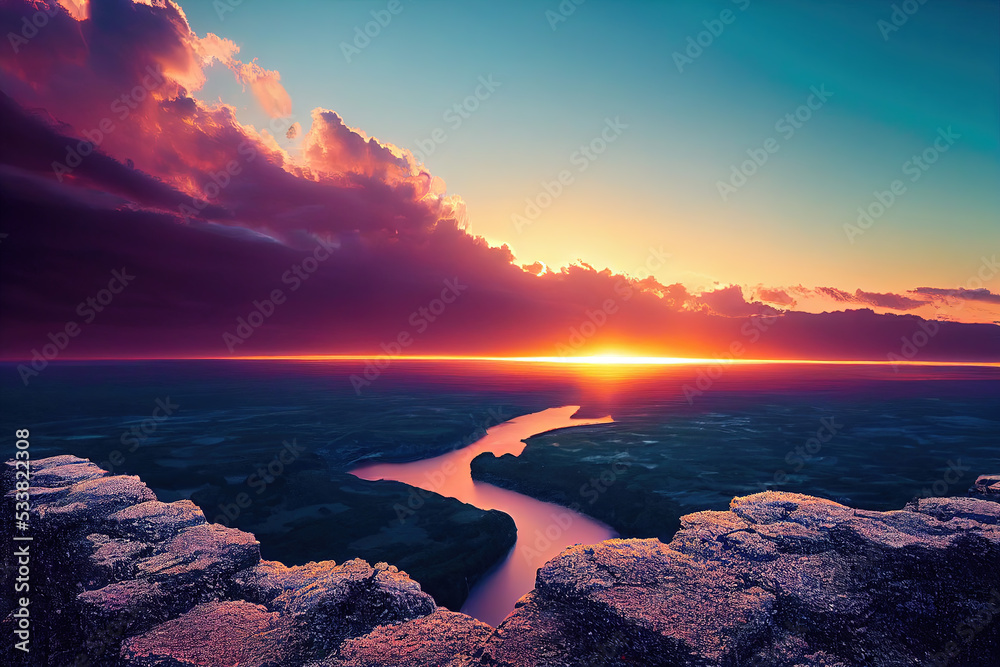 Majestic Land with Mountain Fog Sun and Forest River. Fantasy Backdrop ...