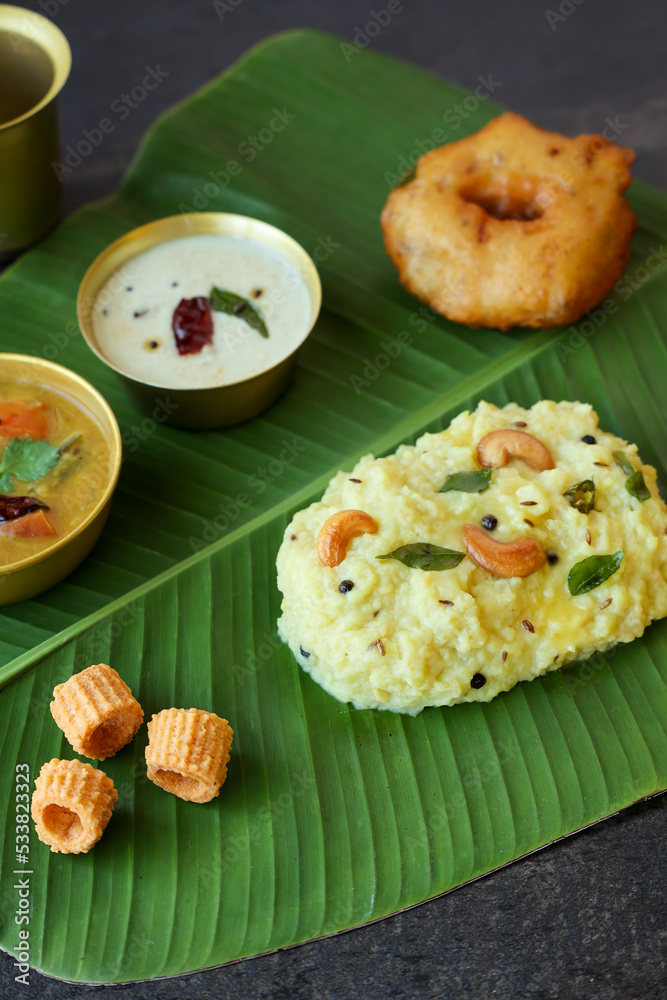 Ven Pongal Khara Pongal Sambar coconut chutney woman hand serving ...