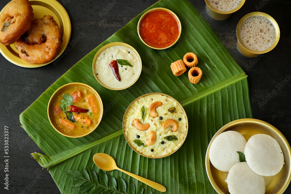 Ven Pongal Khara Pongal Sambar coconut chutney woman hand serving ...