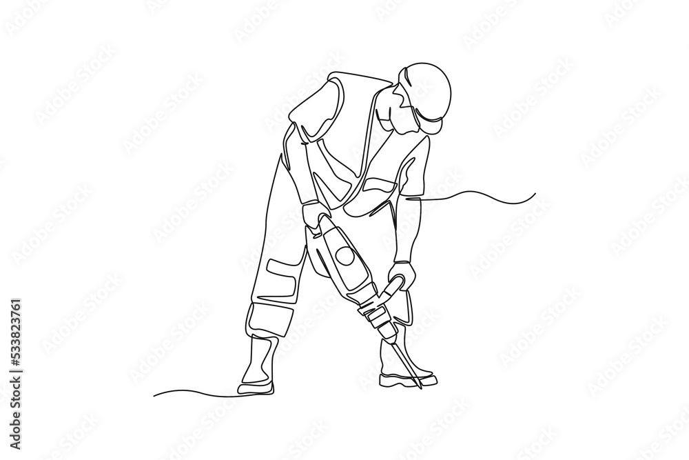 Continuous one line drawing construction worker drilling with pneumatic ...