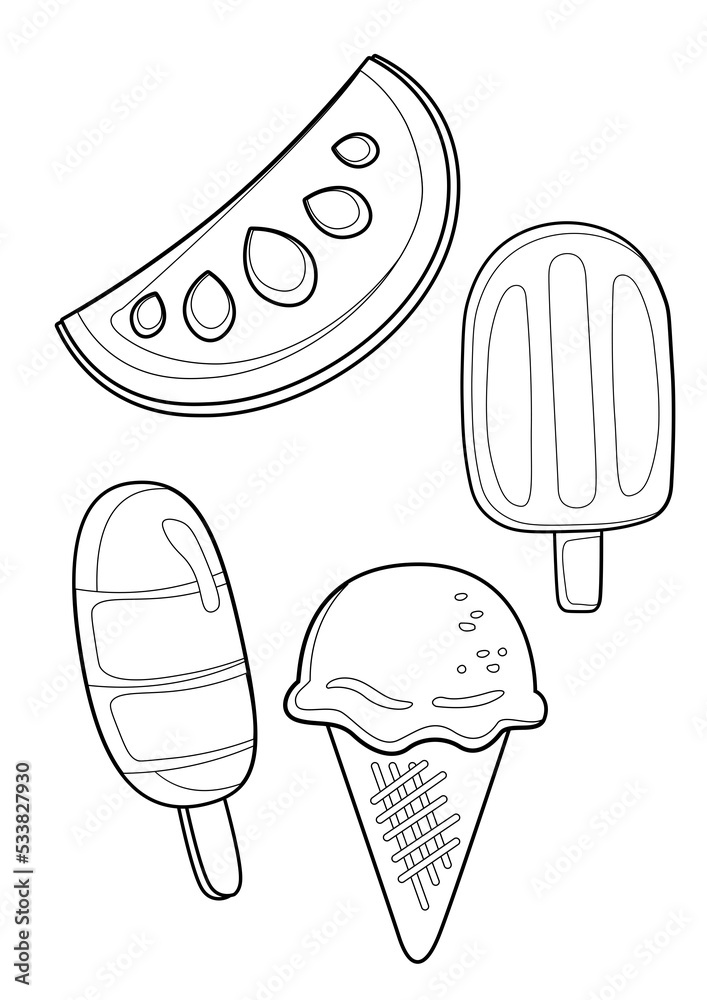 Ice Cream and Watermelon Fruits Dessert Coloring Pages A4 for Kids and ...