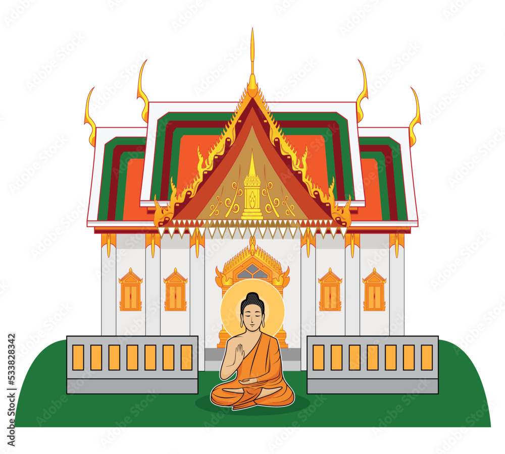 Symbols of Buddhism with Gautama Buddha the founder of Buddhism sitting ...