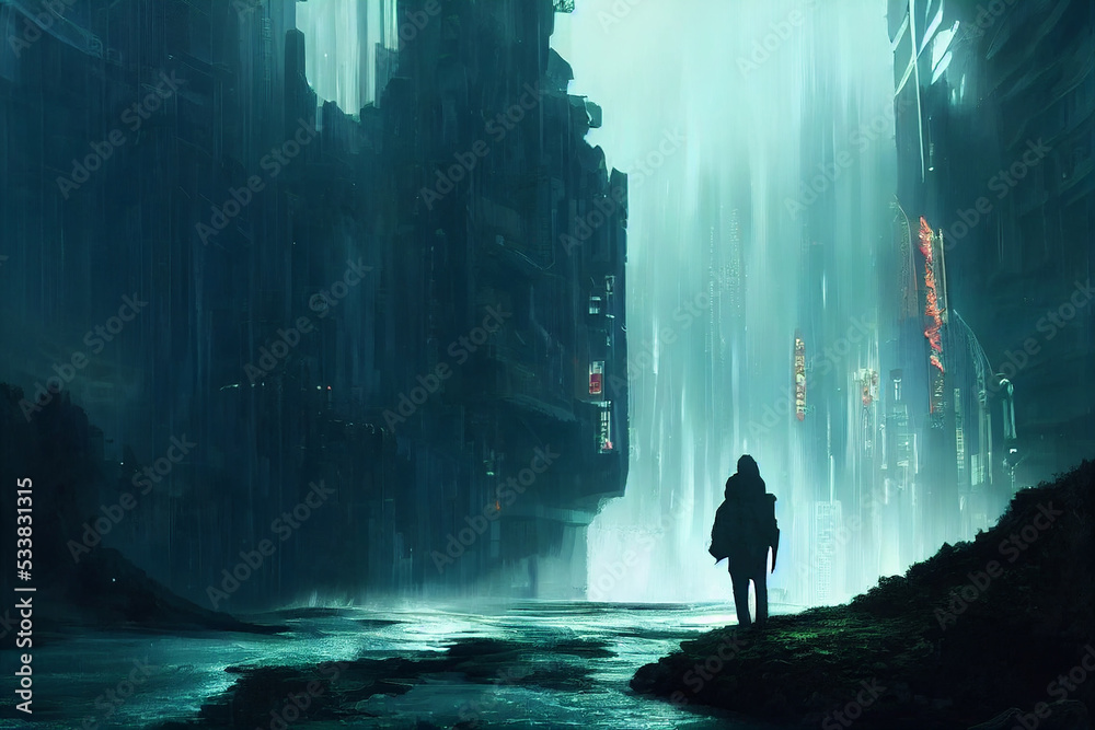 Futuristic Cyberpunk City Concept Art Digital Illustration Stock