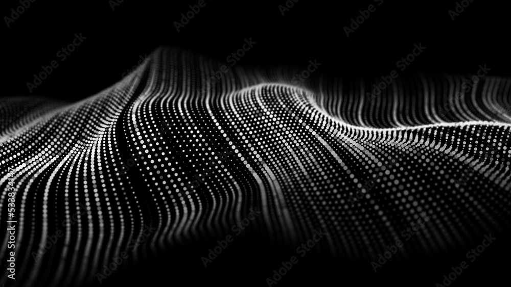 Digital halftone wave with dots on the dark background. The futuristic ...