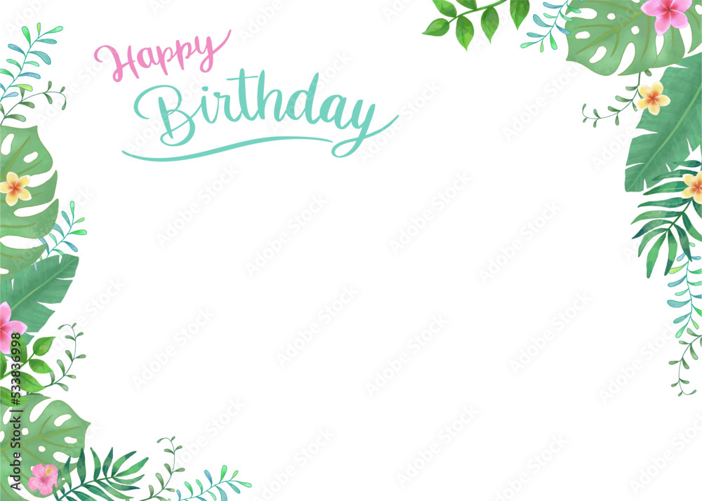 Watercolor tropical leaves Birthday card template. Hand painted ...