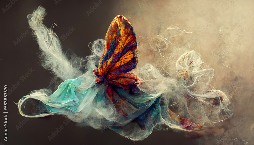 Colorful 3D butterfly drawing with open wings merged with smoke in a ...