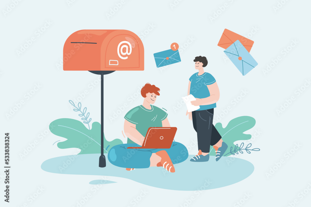 People sending or receiving e-mails flat vector illustration ...