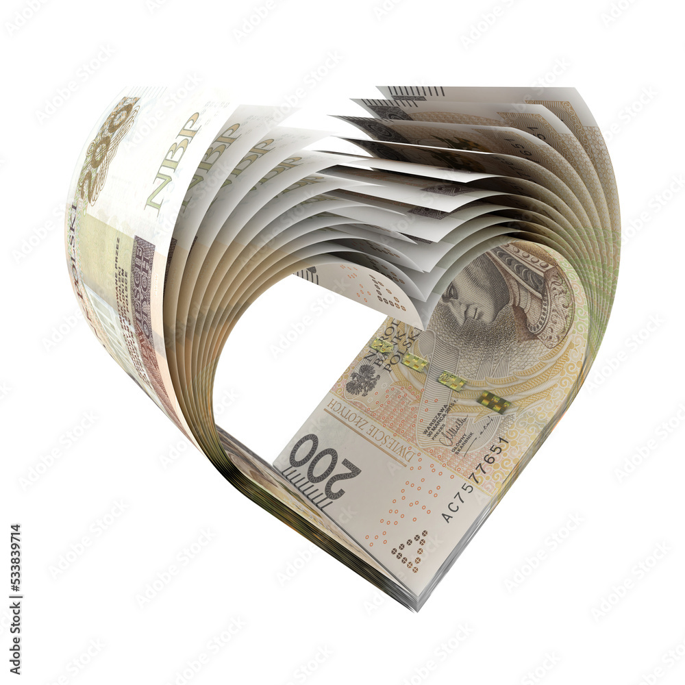 Banknoty 200 PLN uformowane w kształt symbolu serca 02 Stock ...