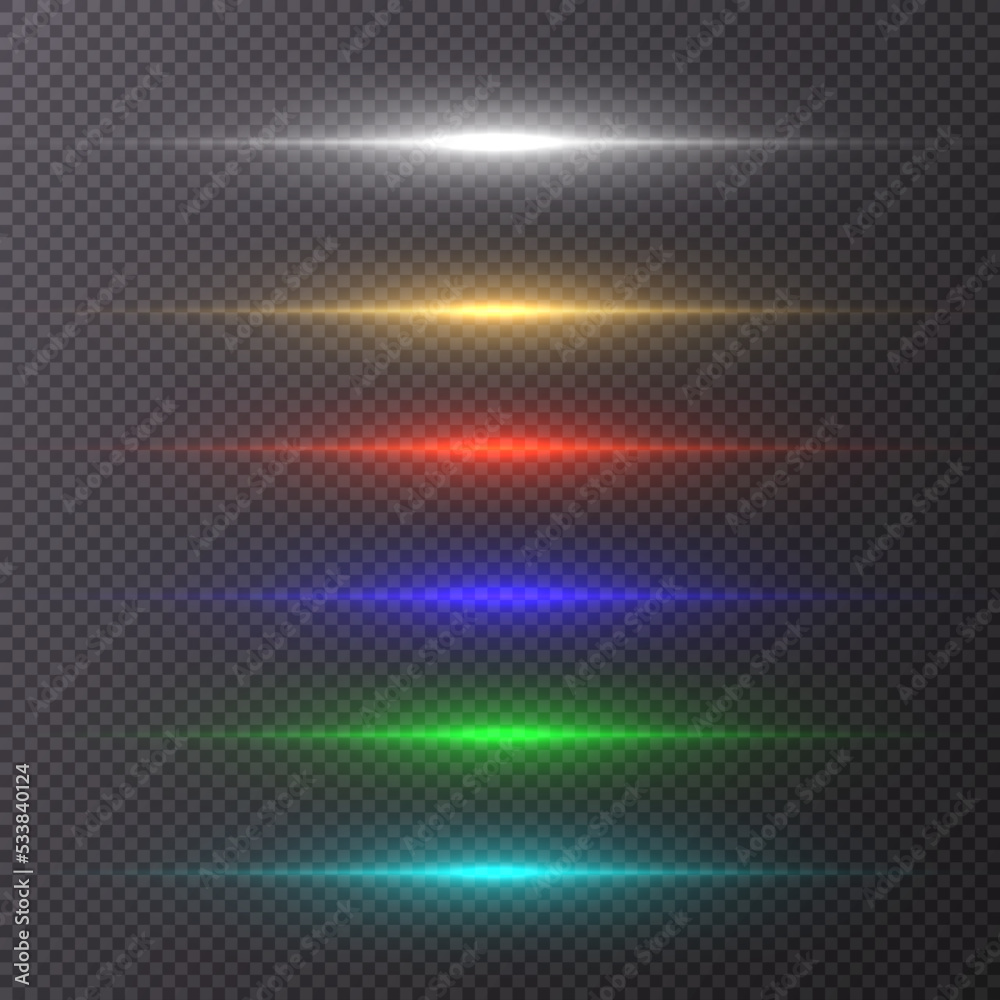 Bright horizontal highlights. Laser beams, horizontal beams of light ...