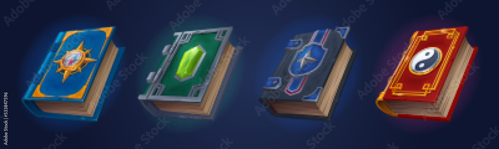 Magic books set isolated on background. Fantasy volumes with blue ...