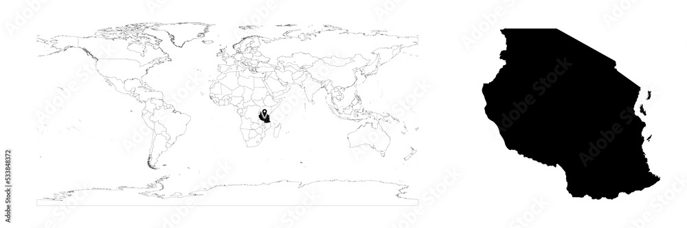 Vector Tanzania map showing country location on world map and solid map ...