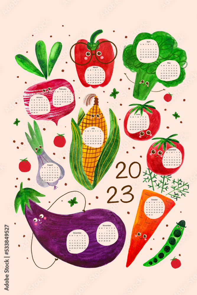 Vegetable calendar 2023. Watercolor vegetable poster, tomatoes ...