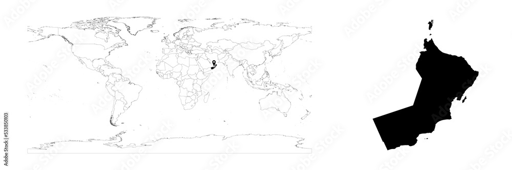 Vector Oman map showing country location on world map and solid map for ...