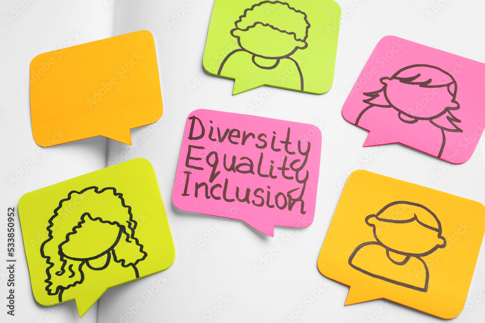 Sticky notes with words Diversity, Equality, Inclusion and drawings of ...