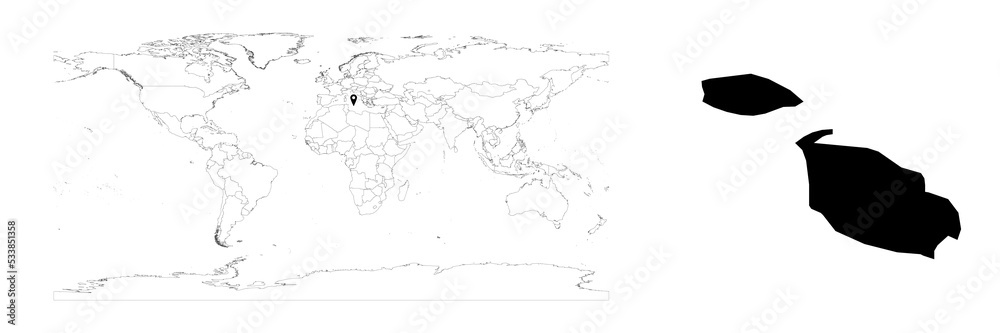 Vector Malta map showing country location on world map and solid map ...