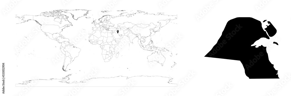 Vector Kuwait map showing country location on world map and solid map ...
