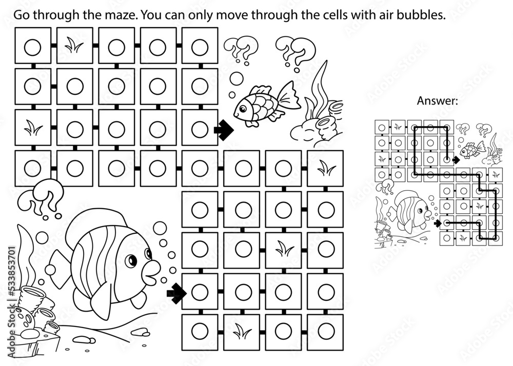 Maze or Labyrinth Game. Puzzle. Coloring Page Outline Of cartoon fishes ...