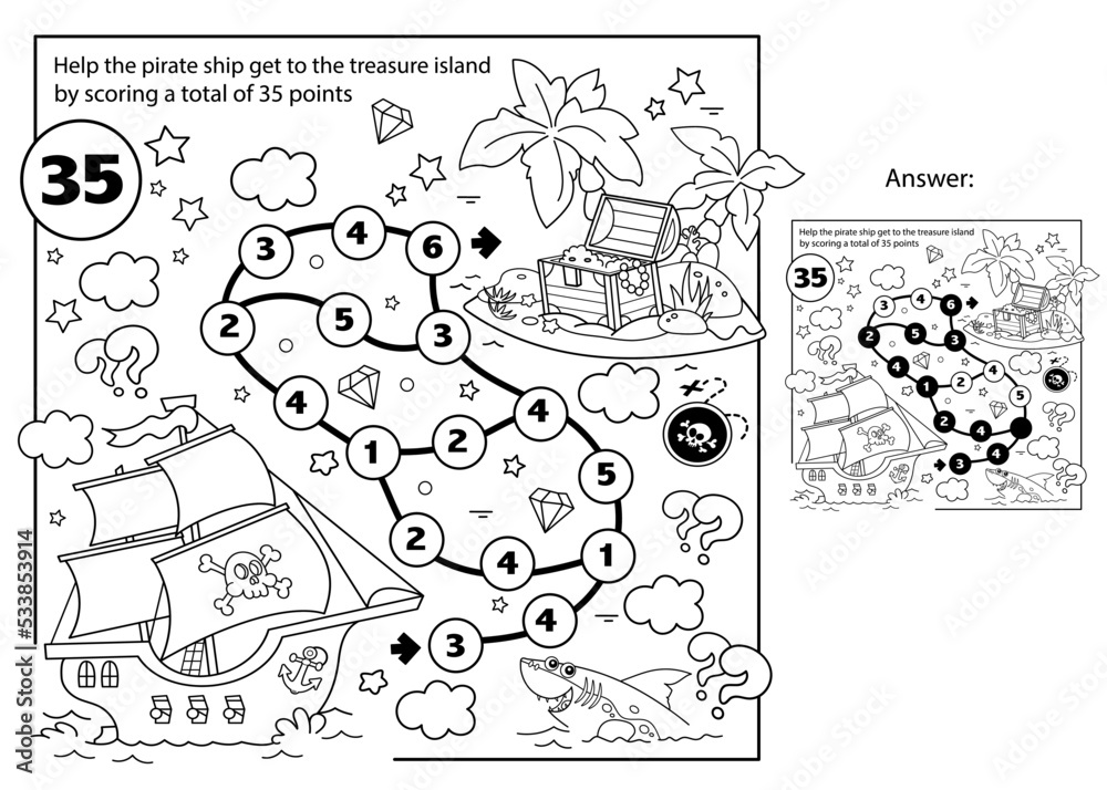Math addition game. Puzzle for kids. Maze. Coloring Page Outline Of ...