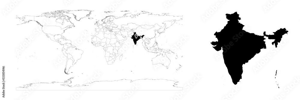 Vector India map showing country location on world map and solid map ...