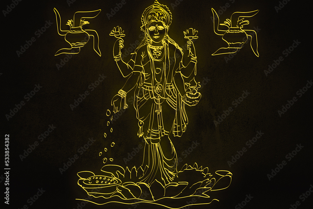 maa lakshmi lineart neon sign, happy diwali banner Stock Illustration ...