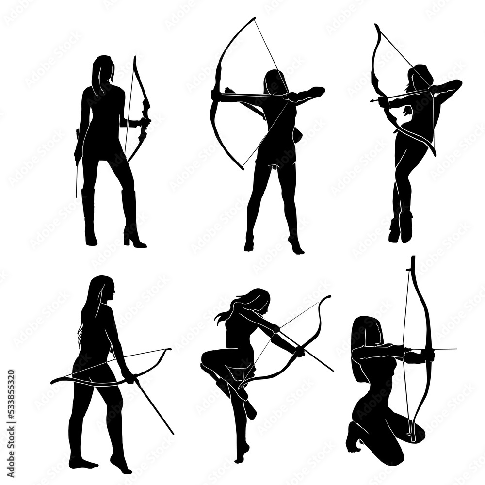 Set of archer Silhouette, a female warrior character design. Silhouette ...