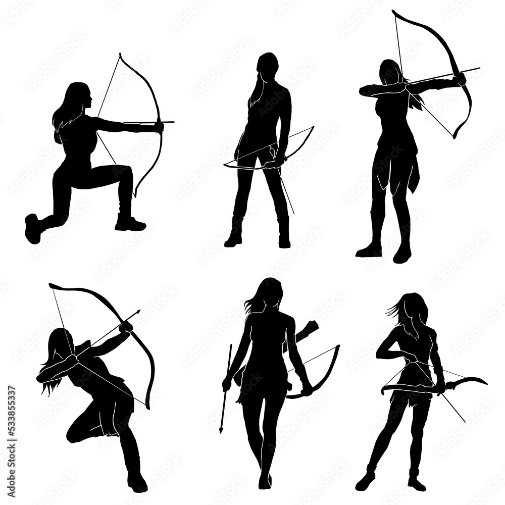 Set of archer Silhouette, a female warrior character design. Silhouette ...