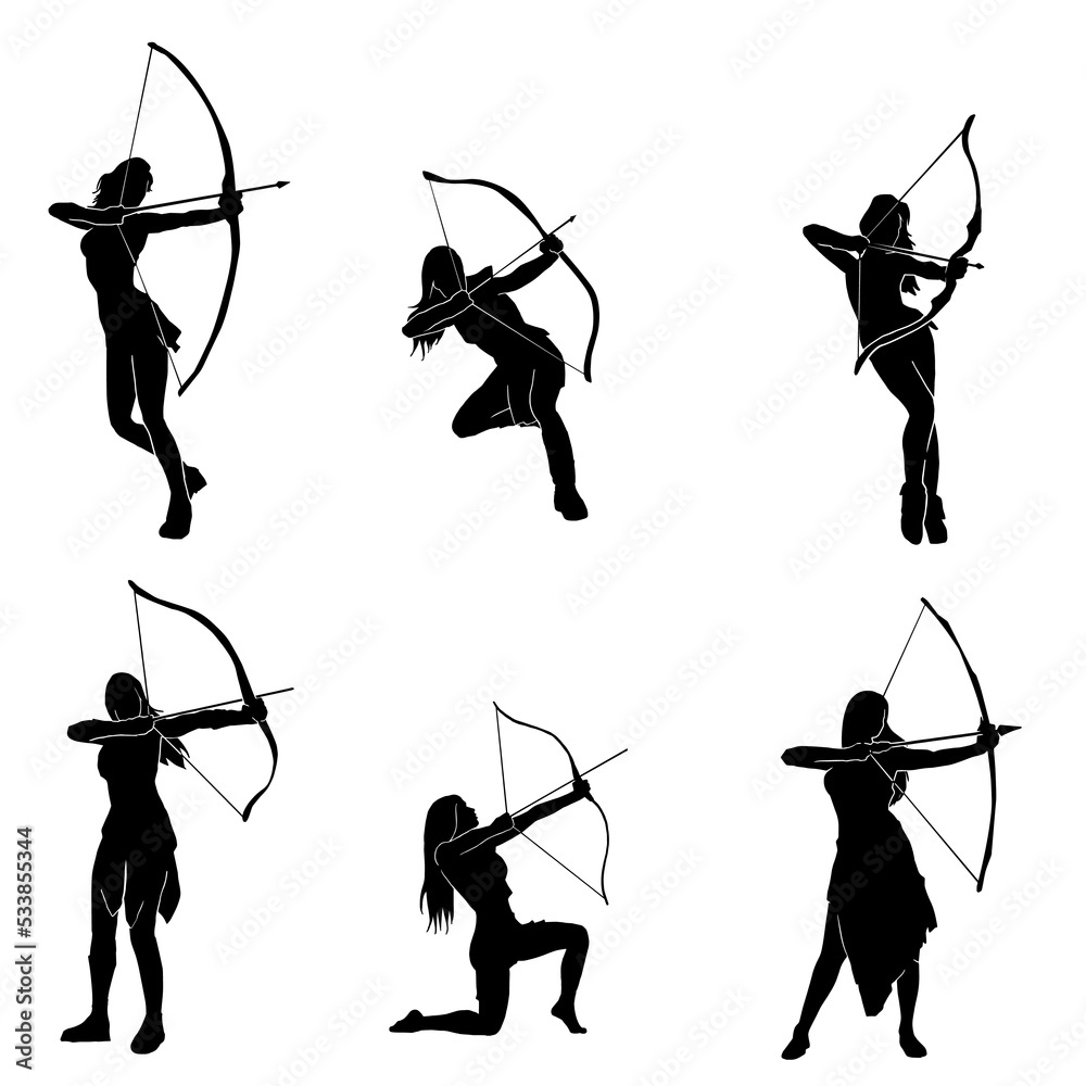 Set of archer Silhouette, a female warrior character design. Silhouette ...