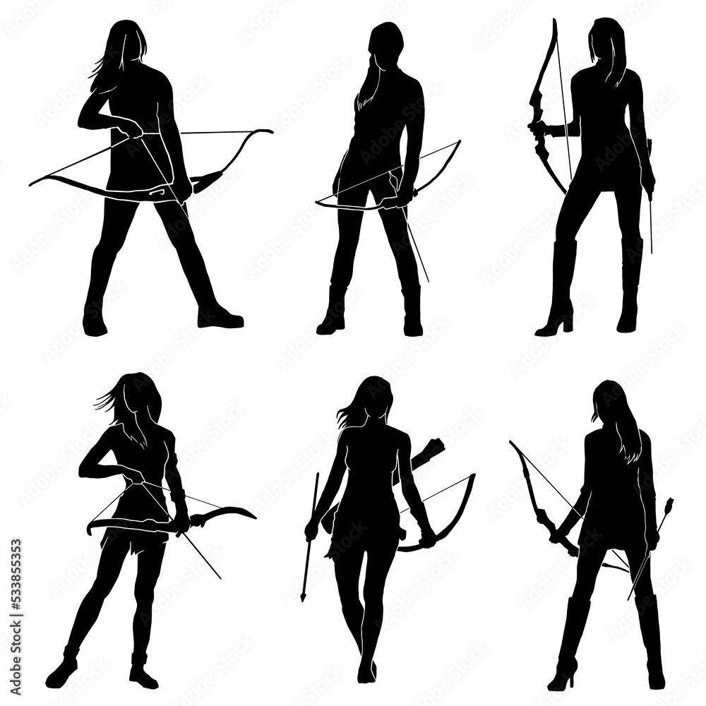 Set of archer Silhouette, a female warrior character design. Silhouette ...