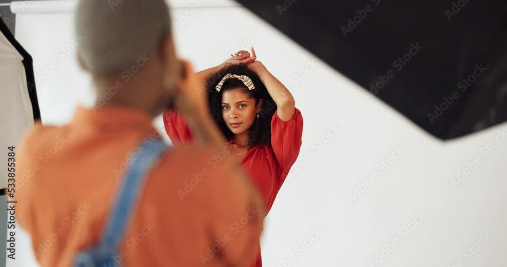 Photography, photographer and model black woman in fashion backstage ...