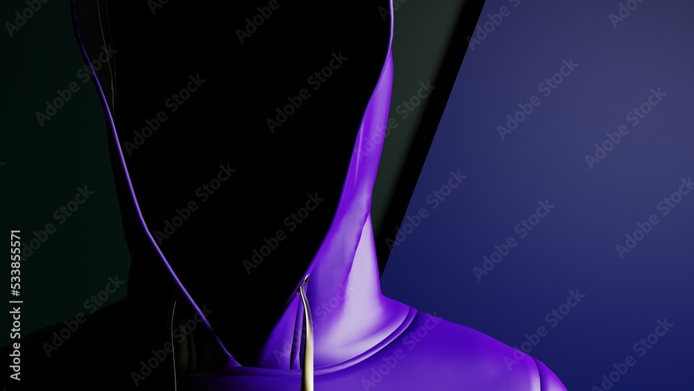 Anonymous hacker with purple color hoodie in shadow under deep black ...