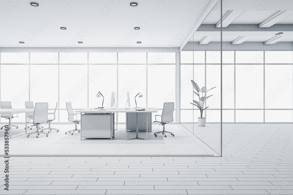 Side view on modern design project of open space office interior with ...