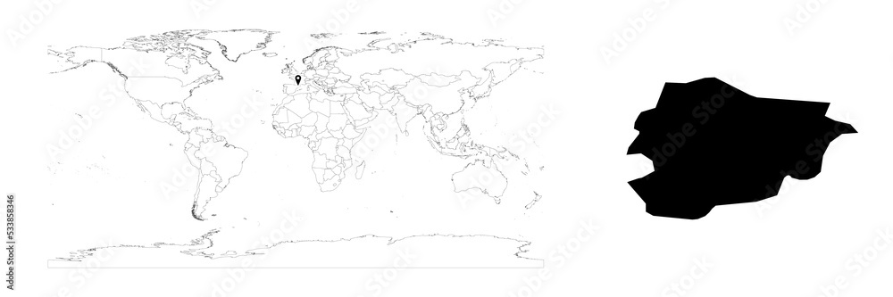 Vector Andorra map showing country location on world map and solid map ...