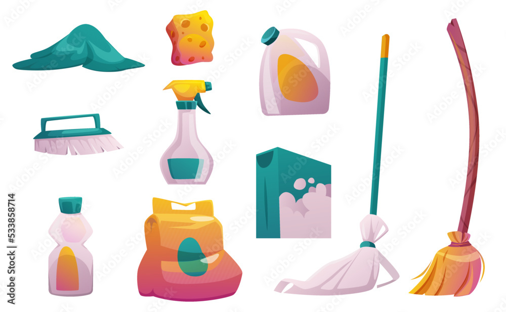 Set of household equipment and cleaning tools. Broom, washing powder ...