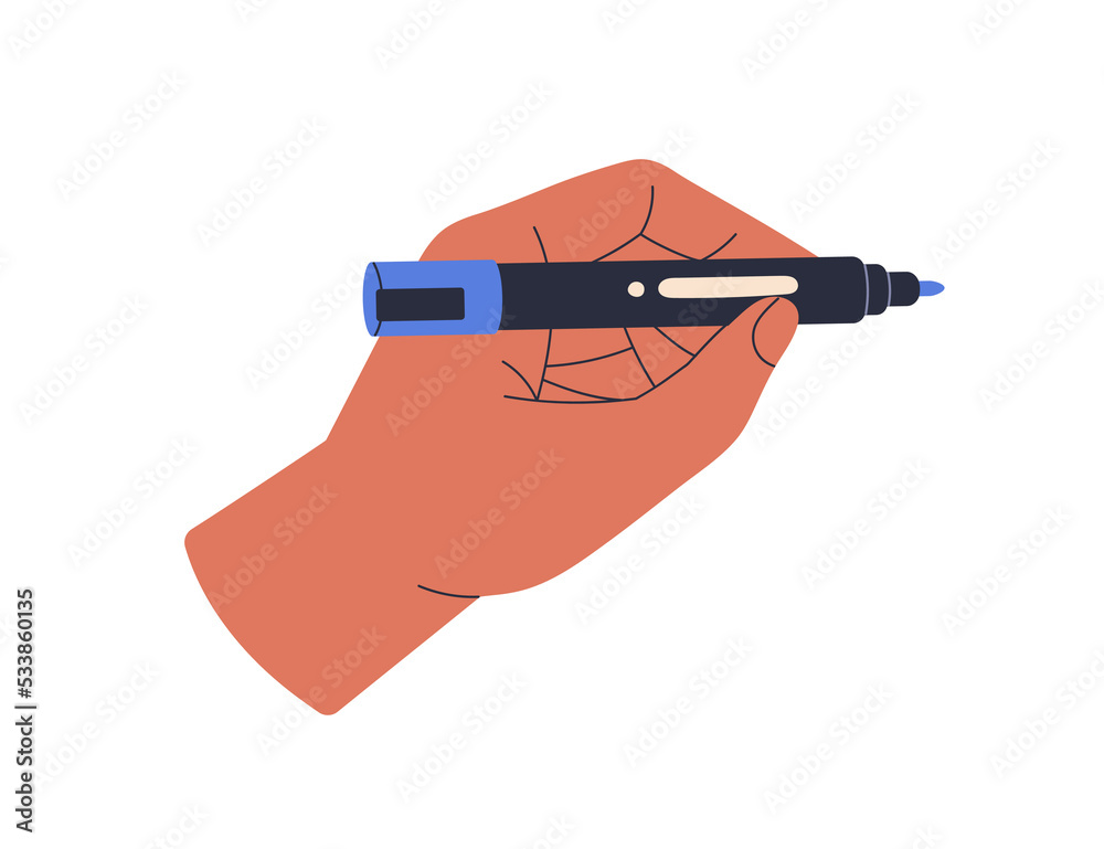 Hand holding liner. Artists arm drawing with felt-tip pen. Fingers with ...