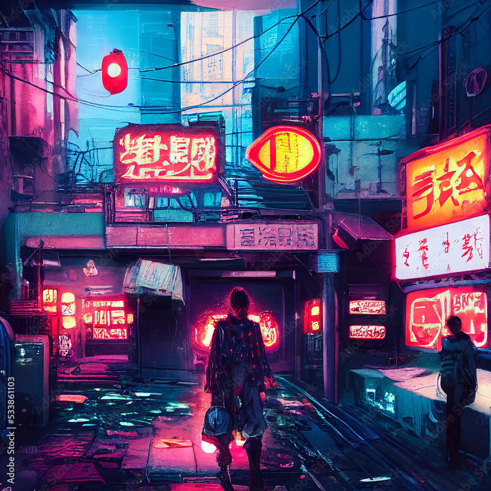 Purple and magenta cyberpunk futuristic city with silhouette figures ...