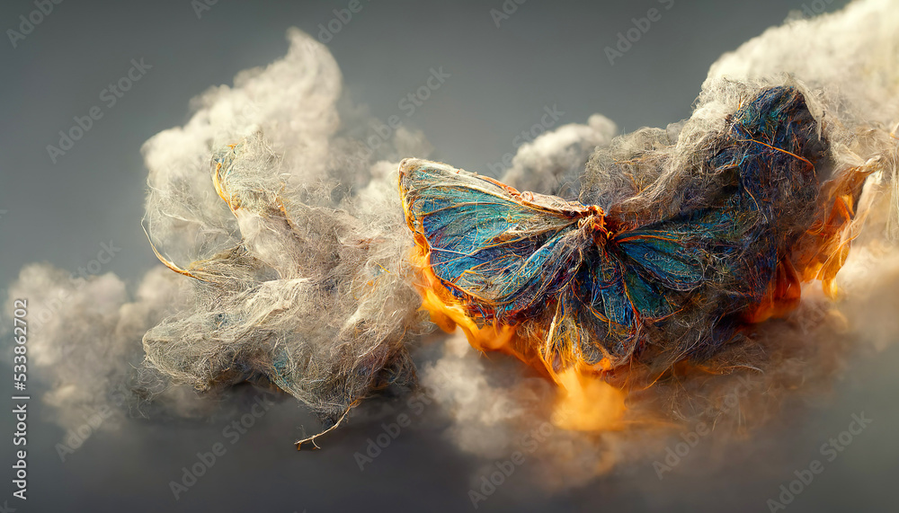 Colorful 3D butterfly drawing with open wings merged with smoke in a ...