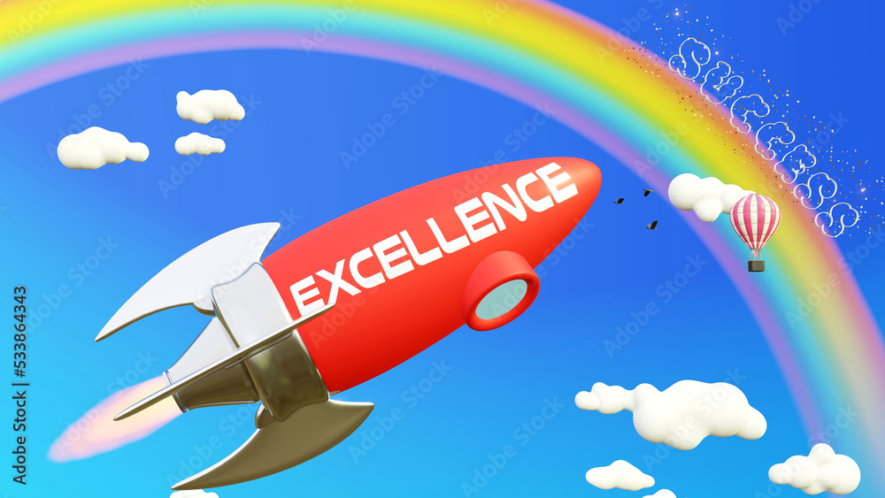 Excellence help achieving success in business and life. Cartoon rocket ...