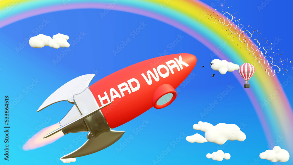 Hard work help achieving success in business and life. Cartoon rocket ...