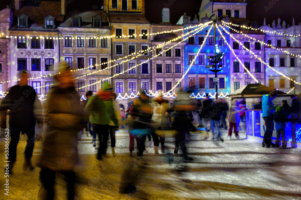 Warsaw, Poland, Europe - ice skating rink in center of Old Market ...
