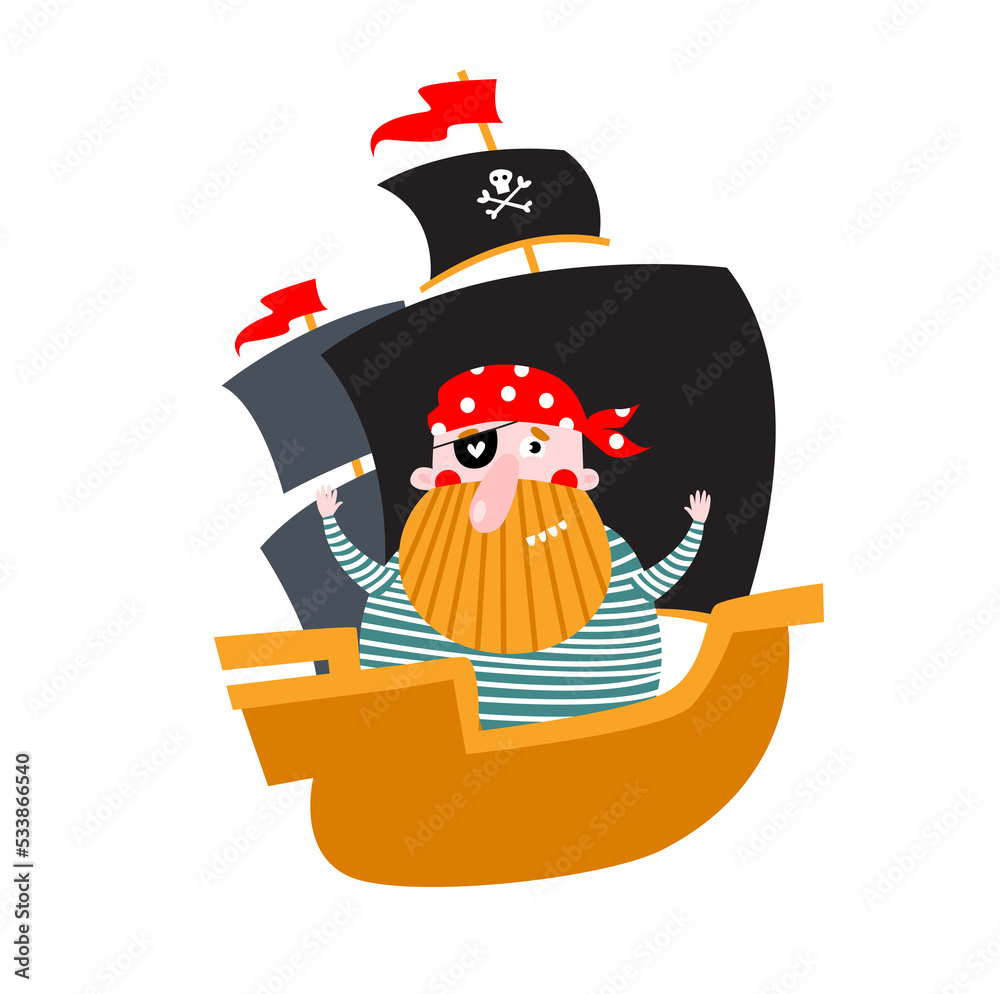 Cartoon Pirate on board the ship. Pirate ship. Good pirate having fun ...