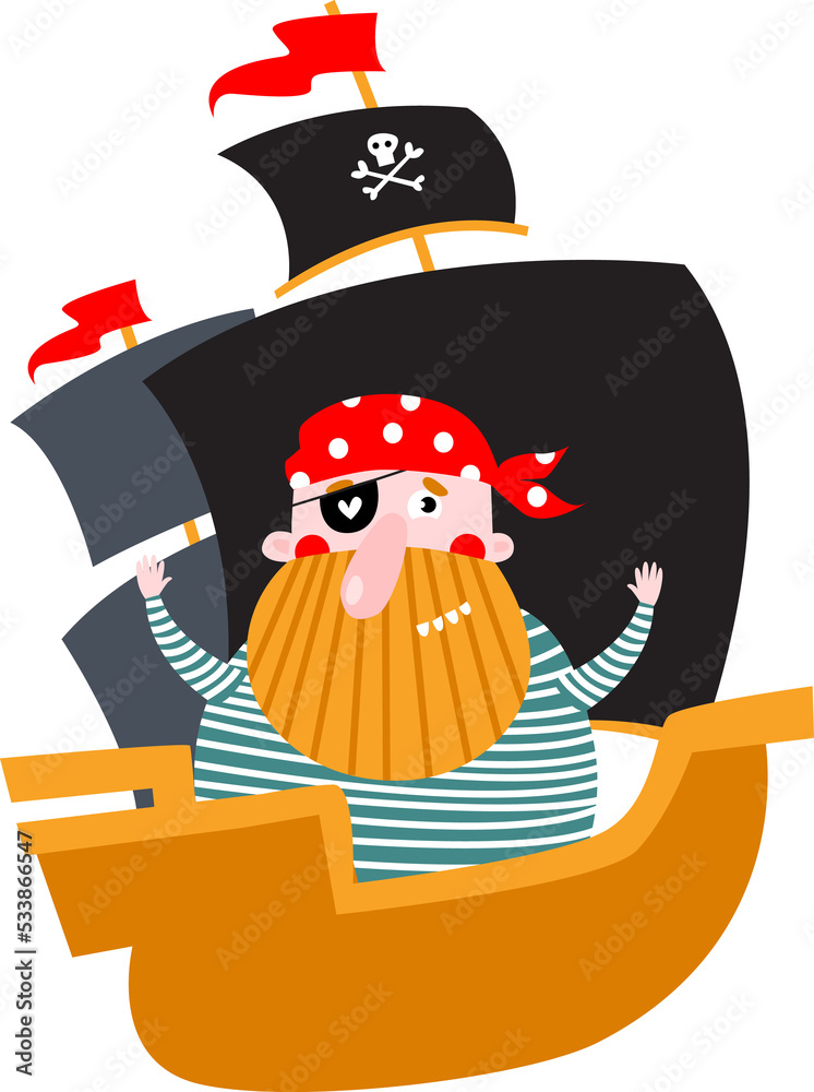 Cartoon Pirate on board the ship. Pirate ship. Good pirate having fun ...