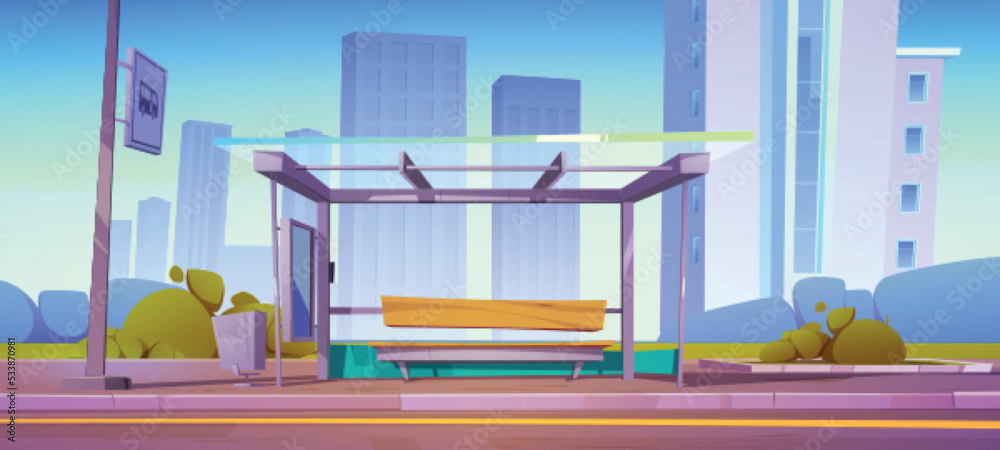 Bus stop, city station for commuter transport. Glass shelter with ...