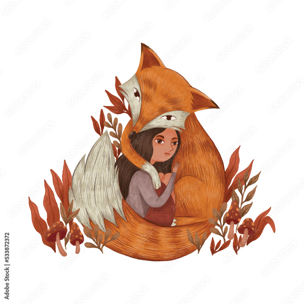 Cute fox hug sad girl Stock Vector | Adobe Stock