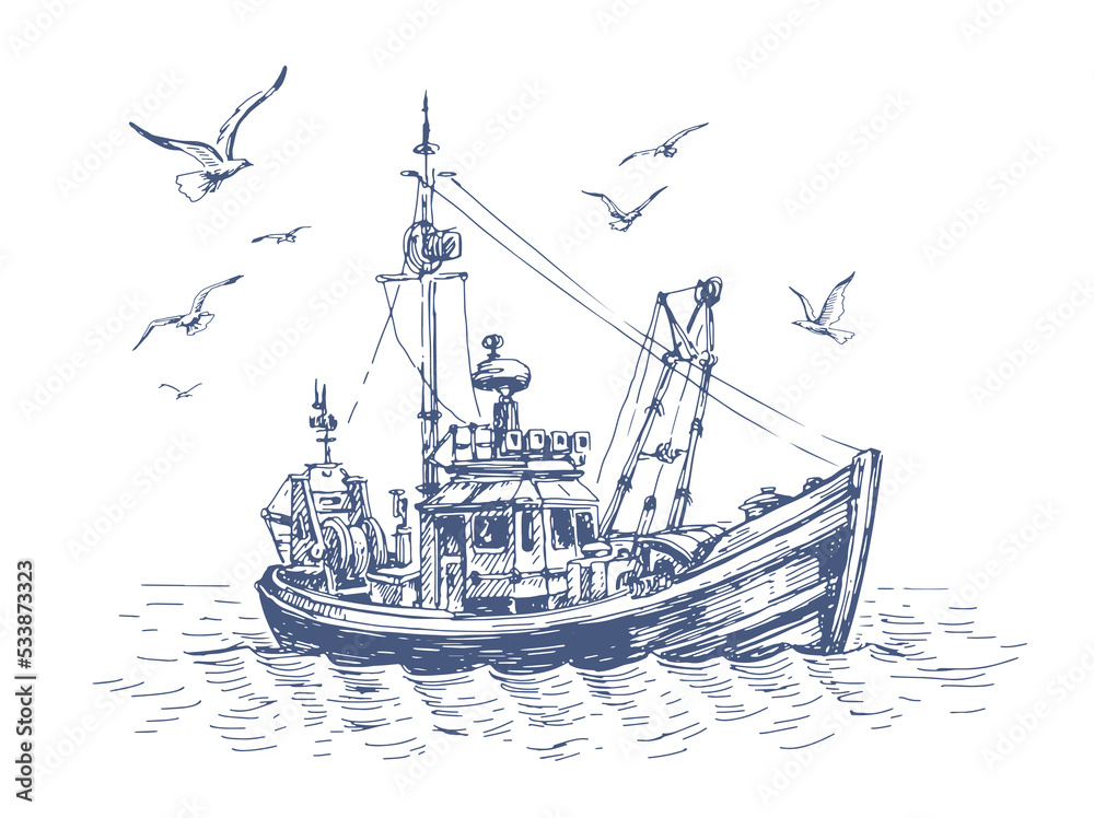 Small fishing boat in sea. Seagulls and vessel, ship on the water ...